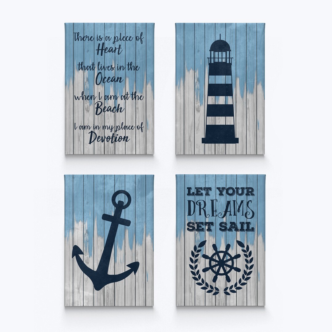 Lighthouse Anchor Ship Wheel Quotes Illustration Blue White Coastal ...