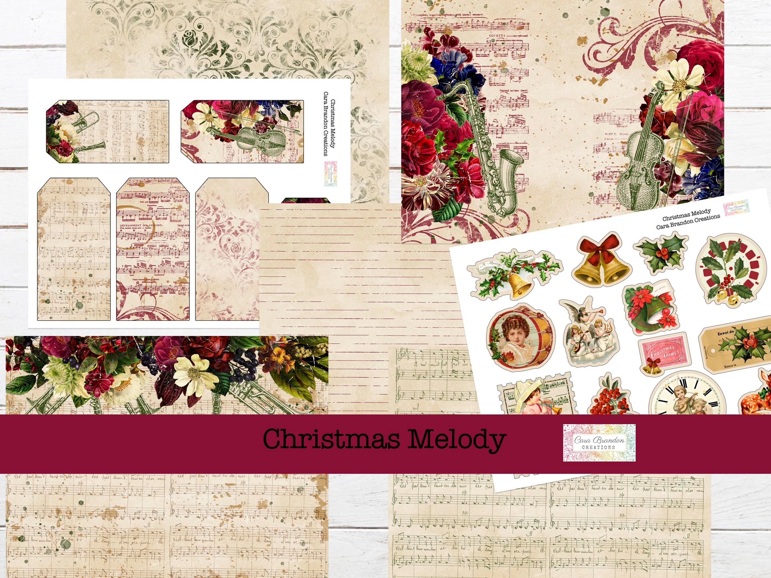 Music Theme Christmas Junk Journal Kit, Christmas Melody, Burgundy and ...