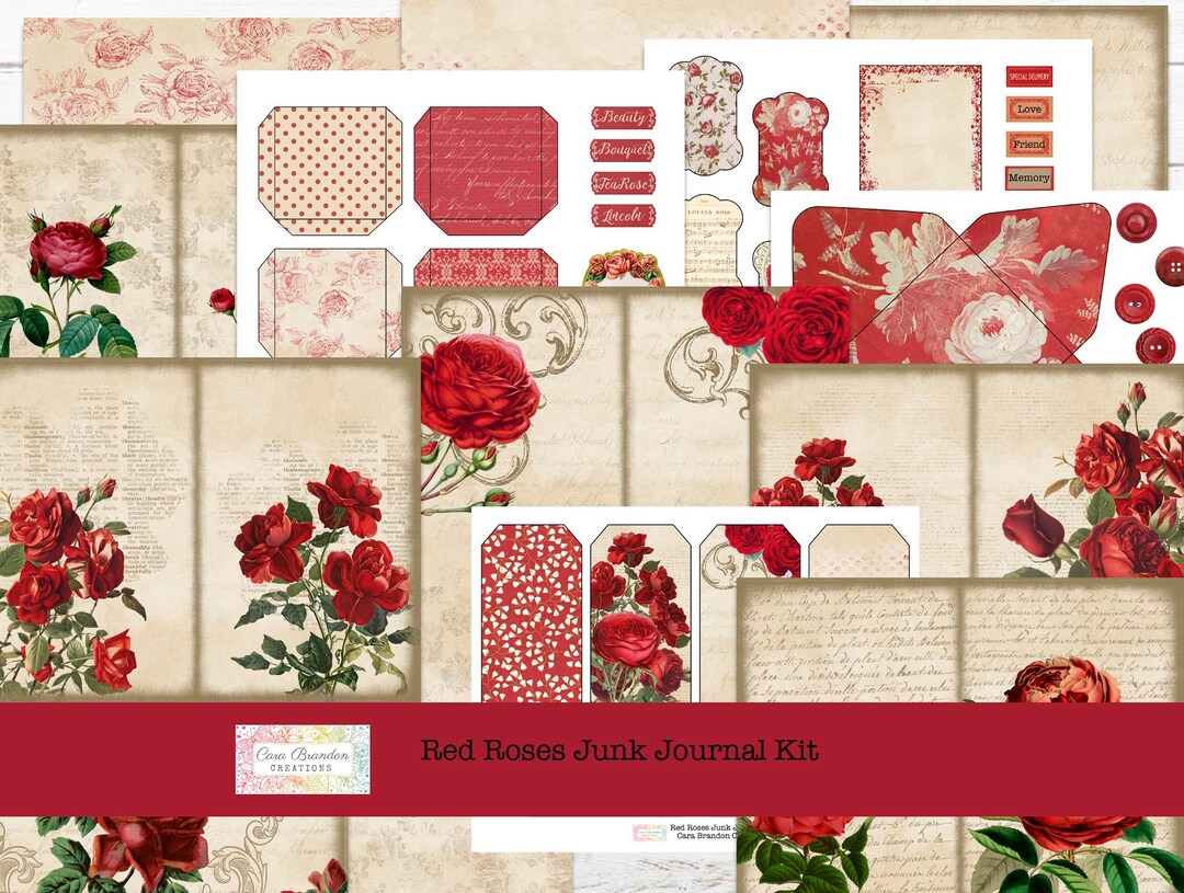 Red Roses Junk Journal Kit, Valentine Junk Journal Kit, Vintage Red ...