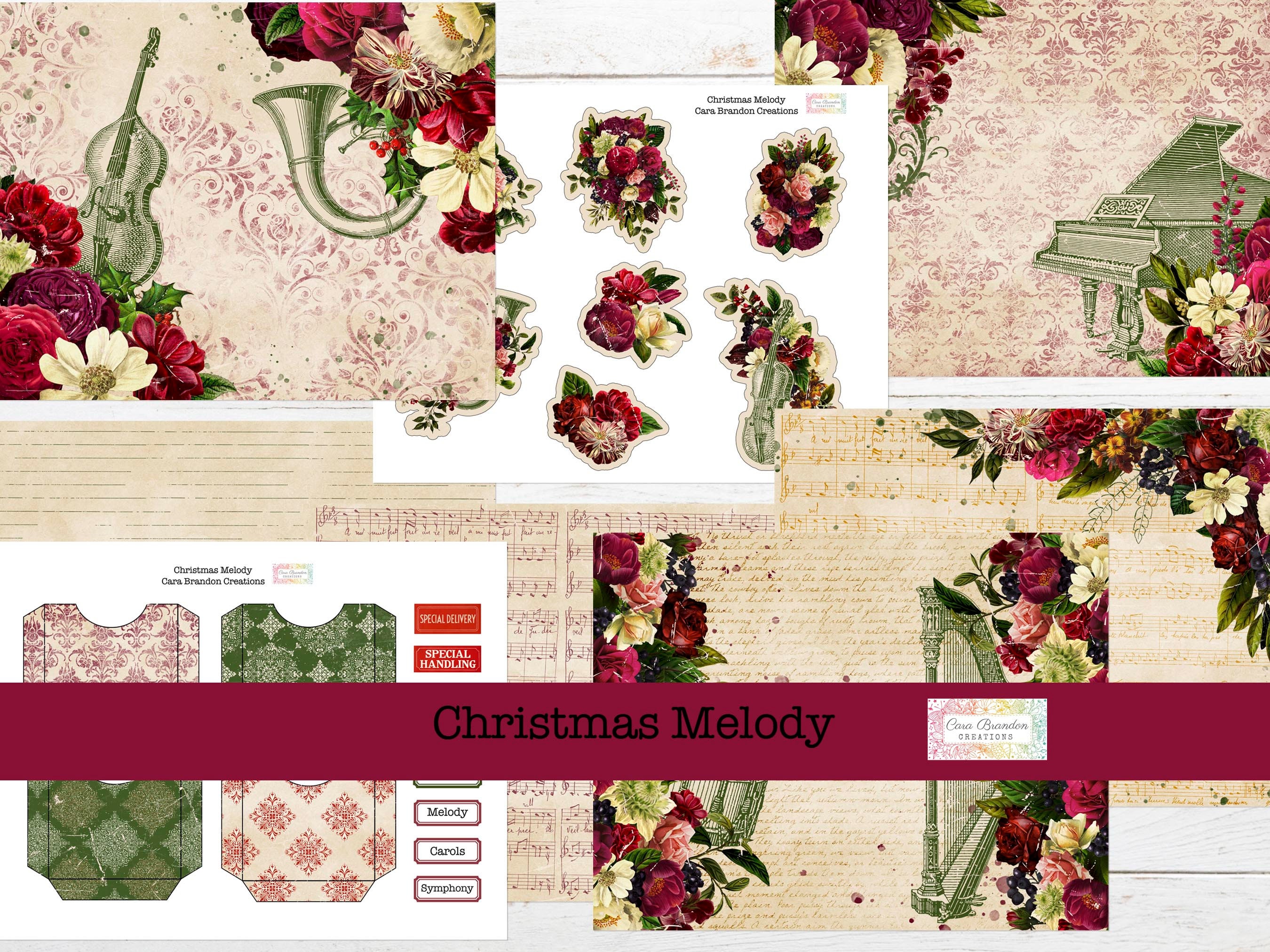 Music Theme Christmas Junk Journal Kit, Christmas Melody, Burgundy and ...