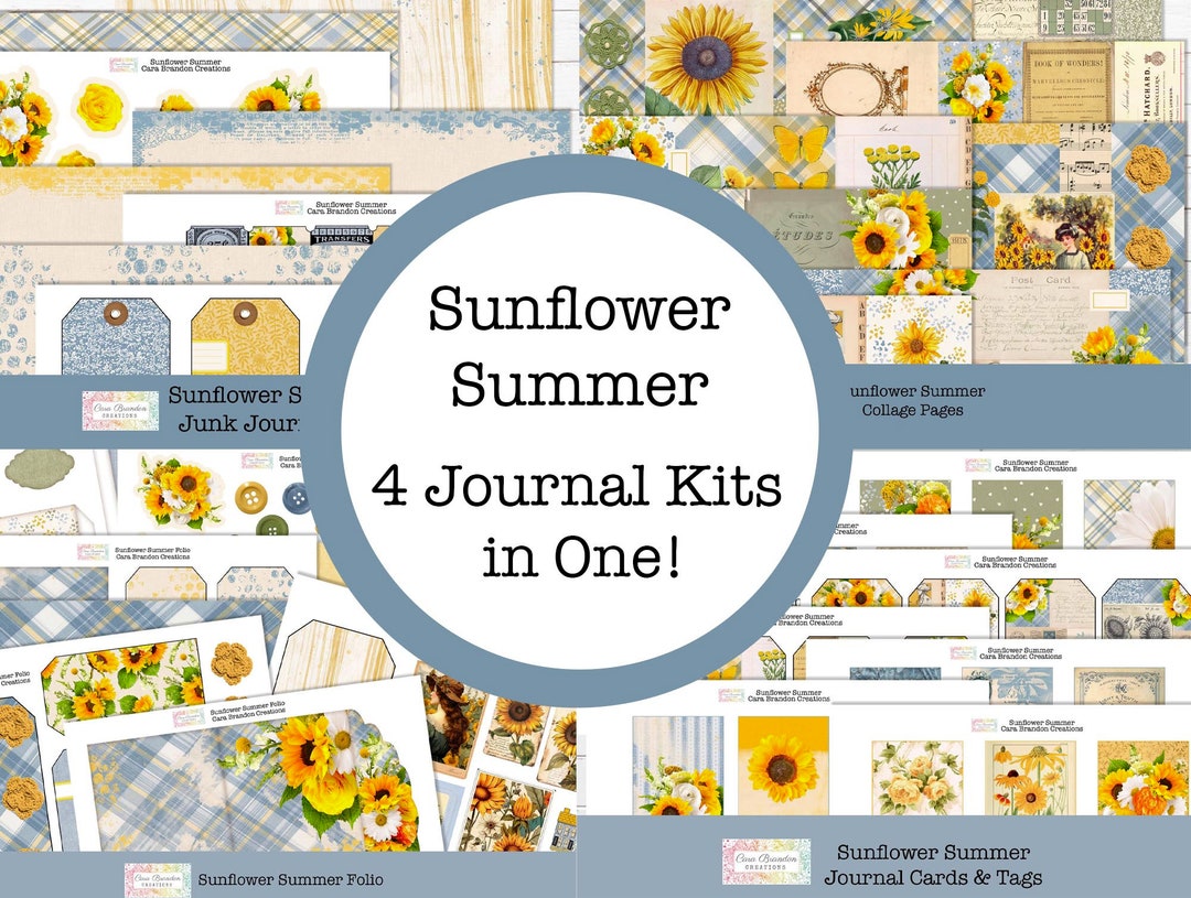 Sunflower Summer Junk Journal Kit, Collage Pages, Cards, Folio (JPEG ...