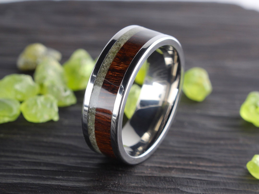 Titanium Ring With Ironwood and Peridot Inlay, Mens Wedding Bands, Mens ...