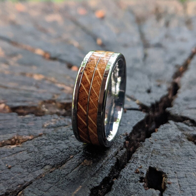 Whiskey Barrel Wood Ring With Guitar String Inlay and Comfort - Etsy