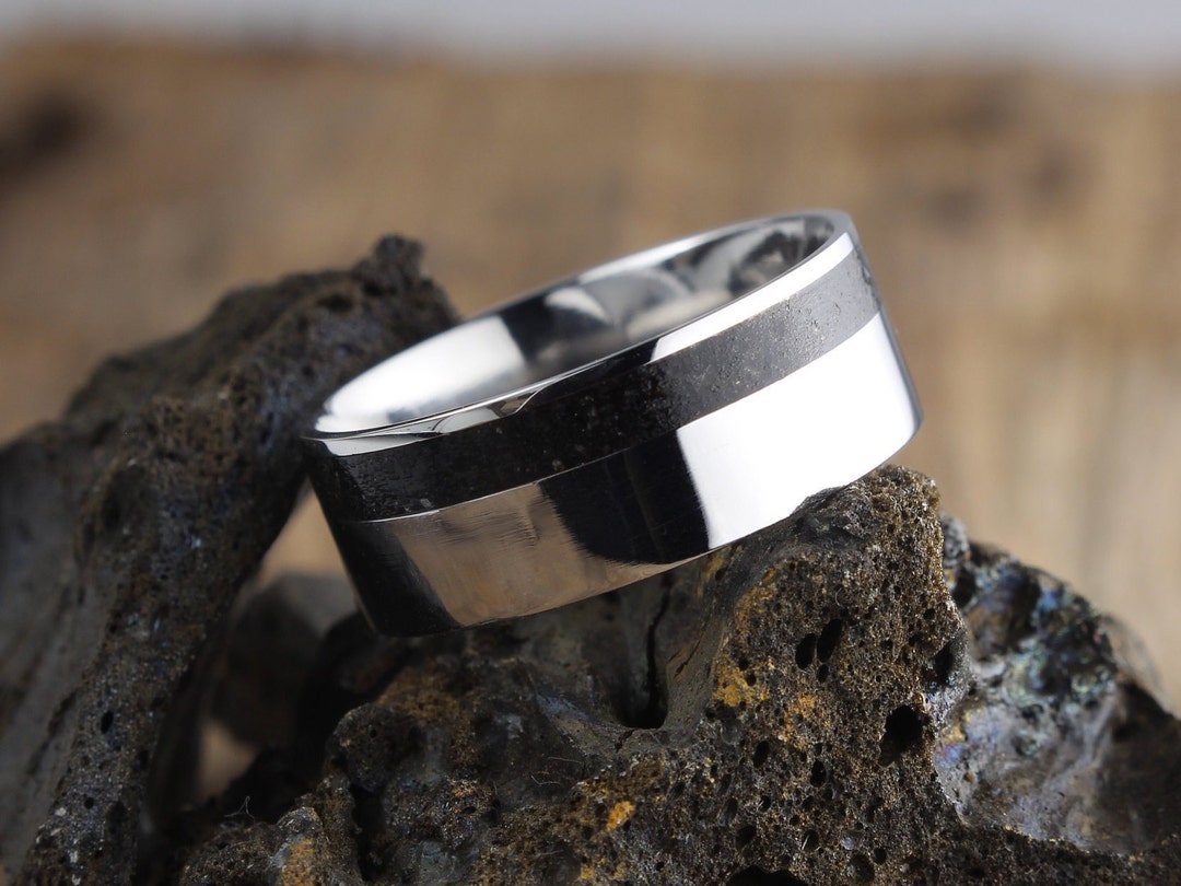 Lava Rock Ring, Men's Stainless Steel Wedding Band With Lava Rock Inlay ...