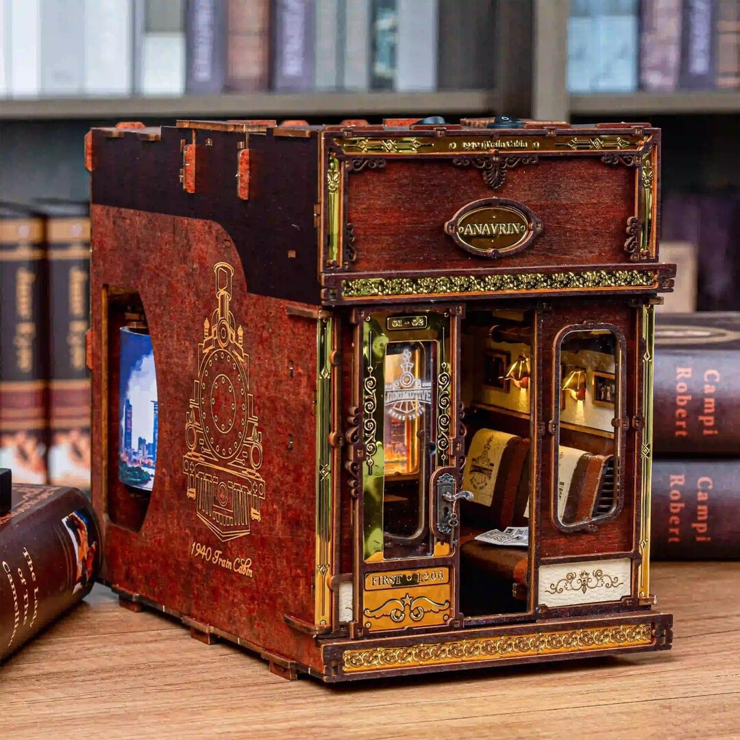 1940s Train Cabin Motion Book Nook, Handmade Rotating Diorama, Lighted Bookshelf Insert, Vintage ...