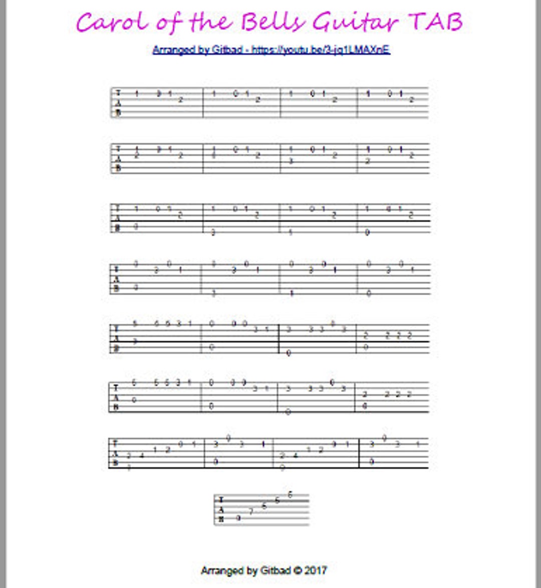 Carol of the Bells Guitar TAB - Printable PDF - Etsy