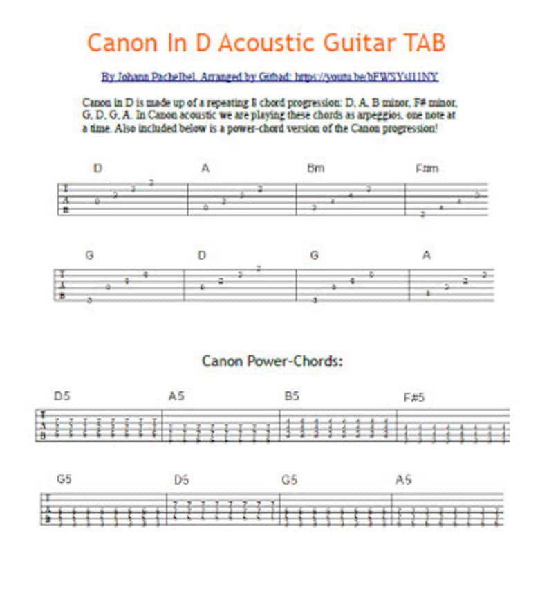 Canon in D Acoustic Guitar TAB - Etsy