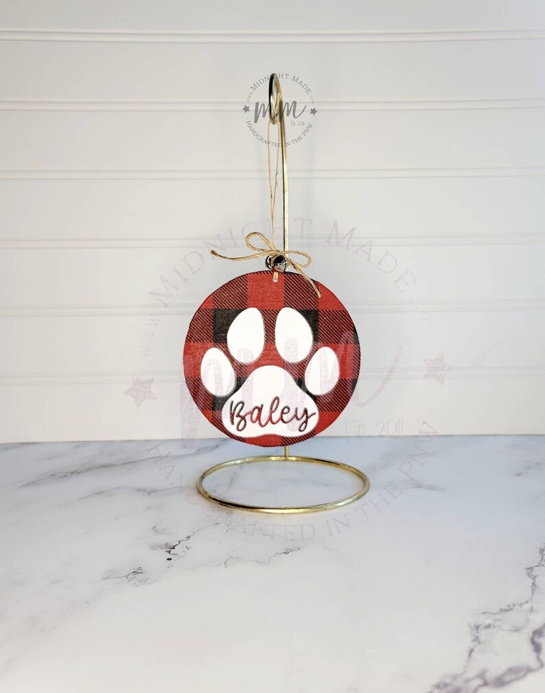 Custom Paw Print, Dog, Cat, Pet Family Ornament Buffalo Plaid Wood ...