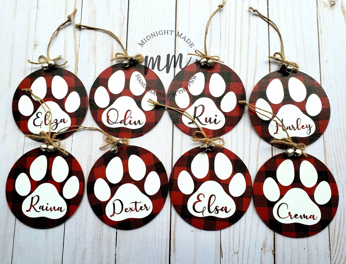 Custom Paw Print, Dog, Cat, Pet Family Ornament Buffalo Plaid Wood ...