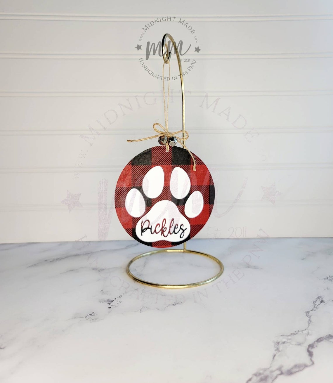 Custom Paw Print, Dog, Cat, Pet Family Ornament Buffalo Plaid Wood ...