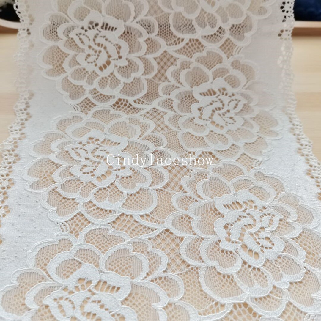 2yards 7.08'' Wide White Corded Embroidered Stretch Elastic Lace Trim ...