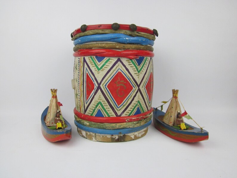 Native American Drum With Handmade Boats Boats Folk Art 1960 - Etsy