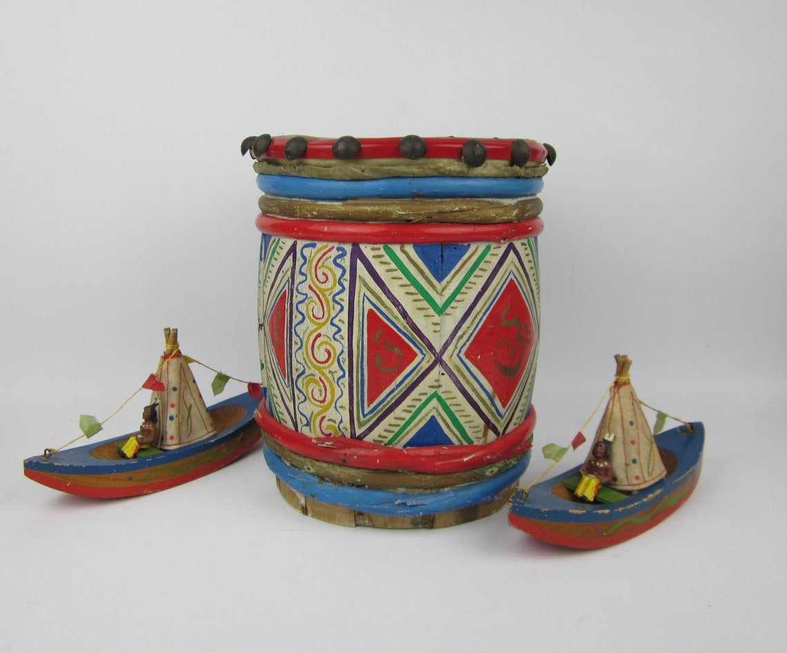 Native American Drum With Handmade Boats Boats Folk Art 1960 - Etsy