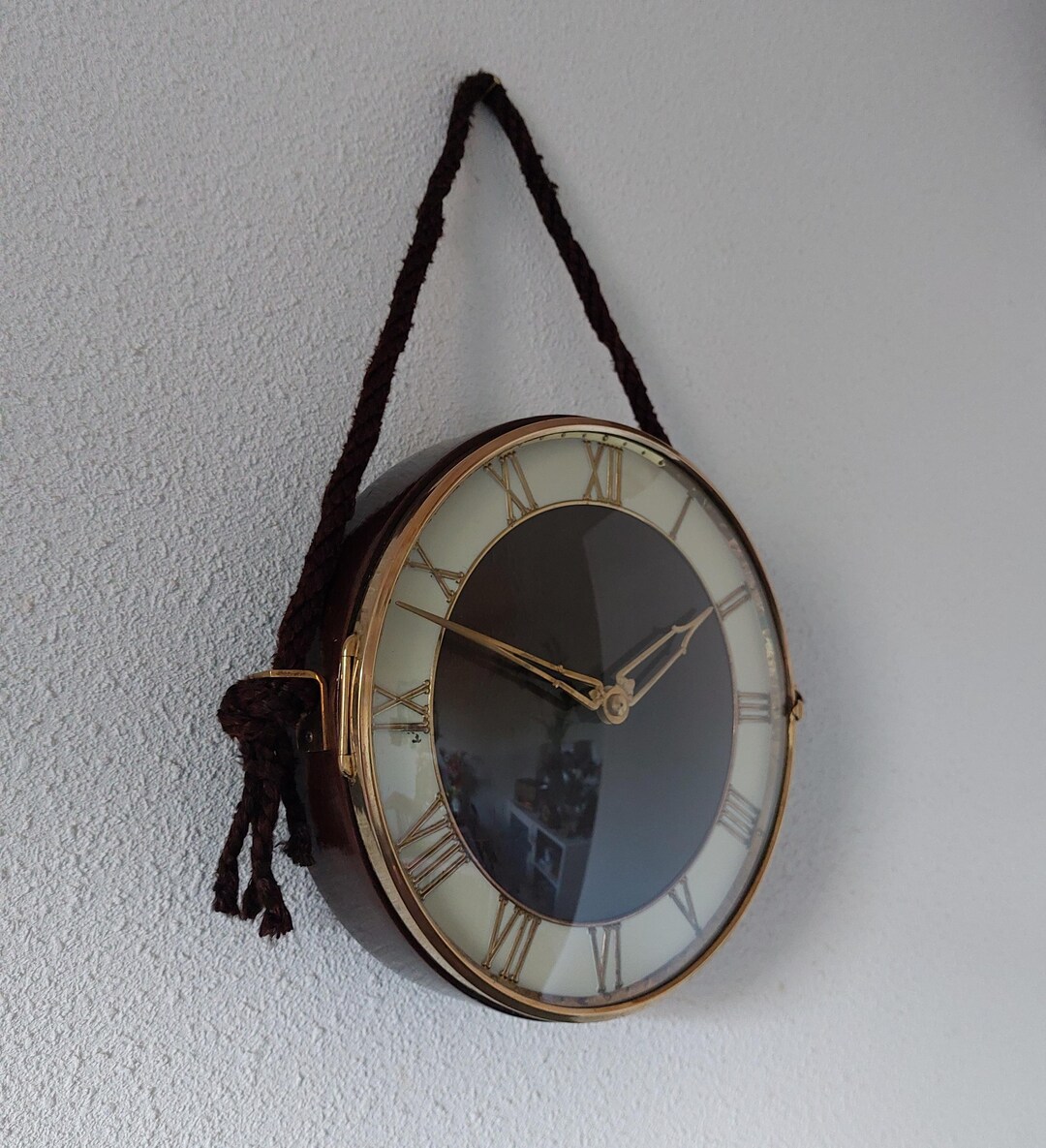 Clock Rope Clock Wall Clock Wall Wood Brass, Key Germany 1950 50's ...