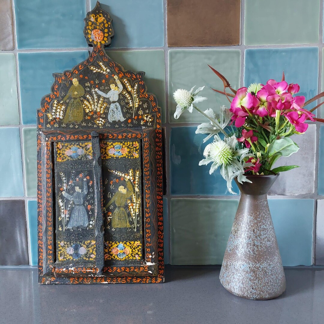 Persian Wedding Mirror Antique Handmade Hand Craft Painted Wood Carving ...