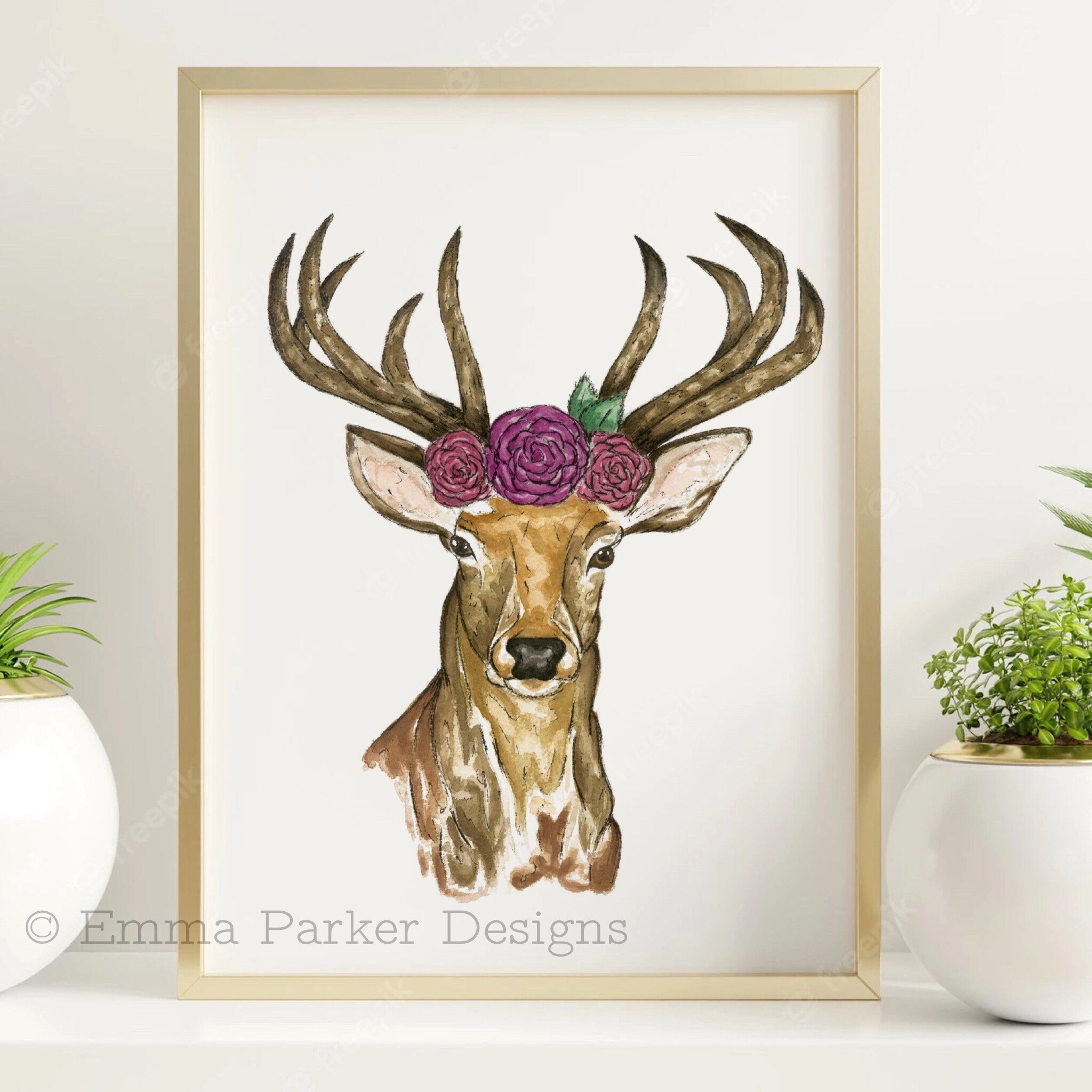 Acuarela Ciervo Giclée Print / Floral Stag Art / Acuarela Ciervo Ciervo ...