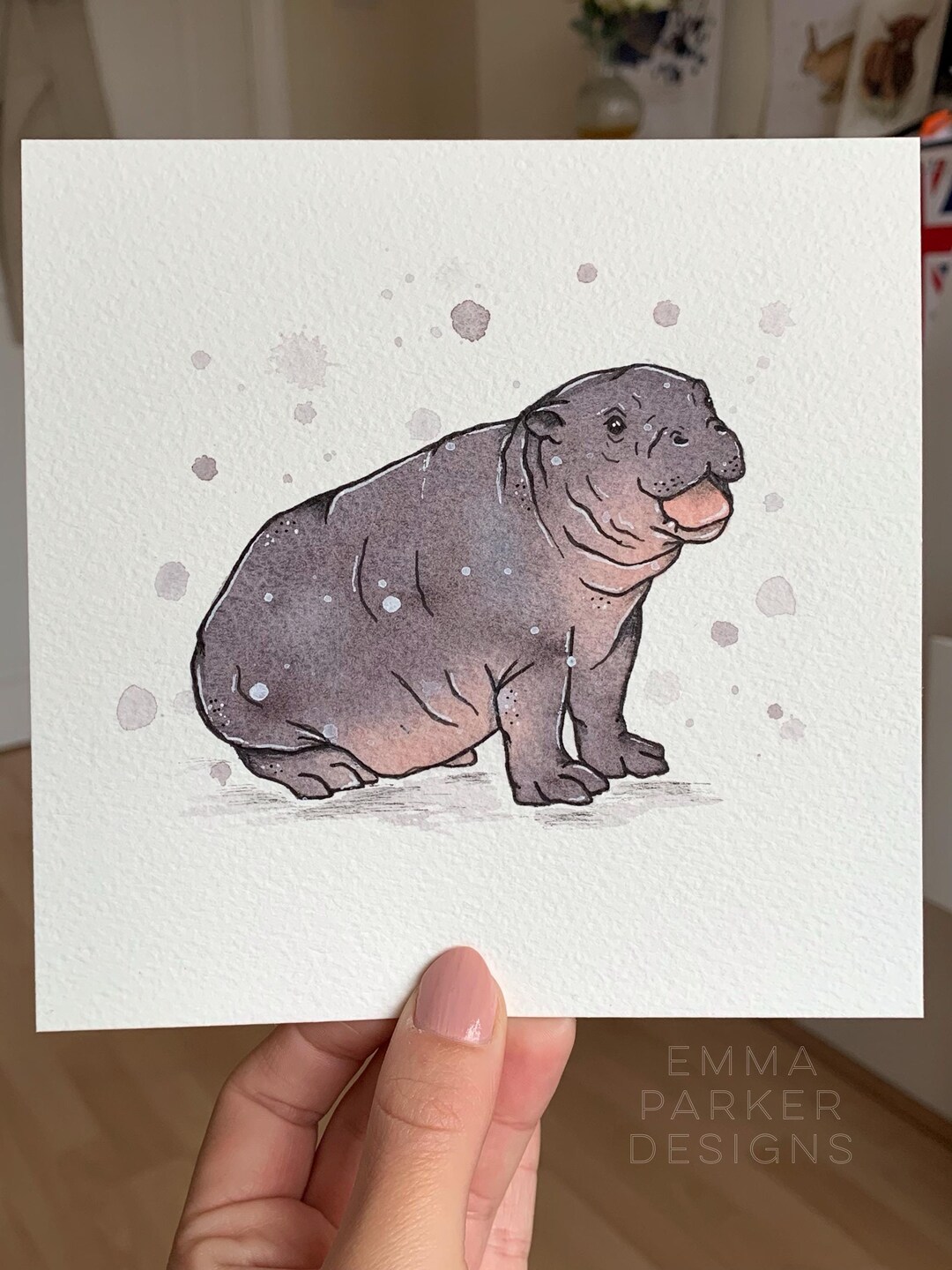 Original Watercolour Artwork ‘pygmy Hippo’ | Cute Moo Deng Watercolour ...