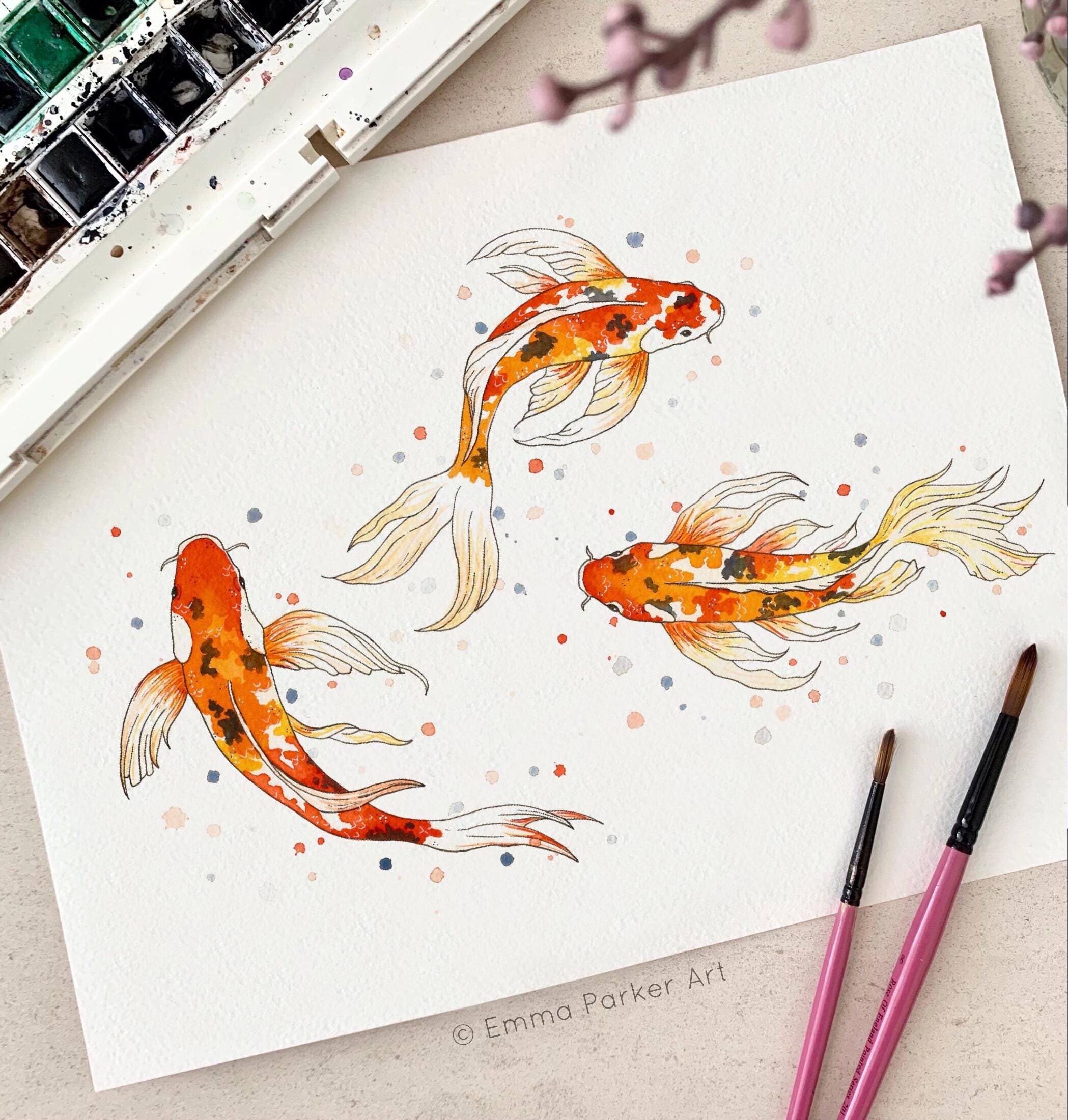 Watercolour Orange Koi Fine Art Print | Koi Fish Painting Poster ...