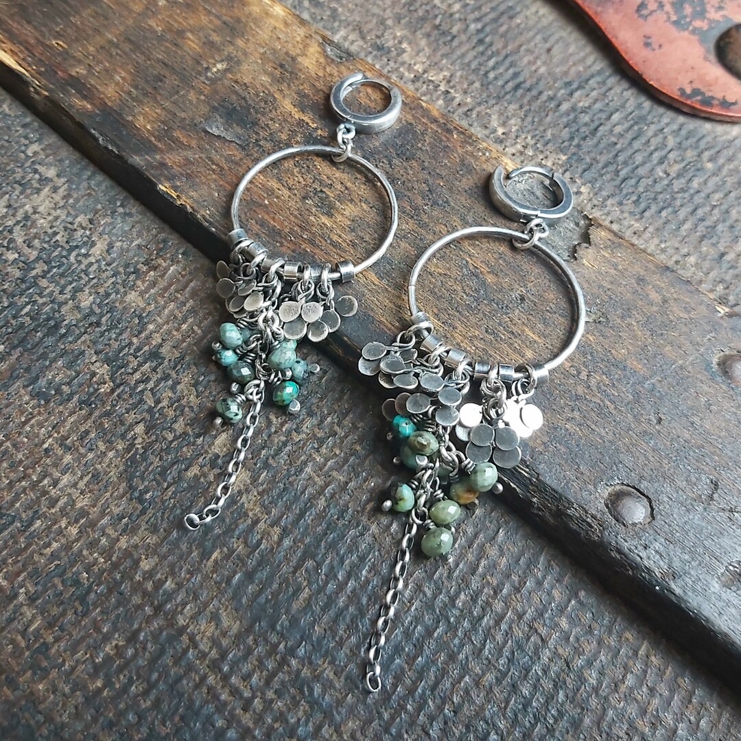 Long Oxidized Sterling Silver Earrings With African Turquoise and ...