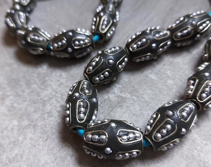 Black Hunza Drum Beads 8 Pcs Inlaid Black and Silver Pakistani Hunza ...