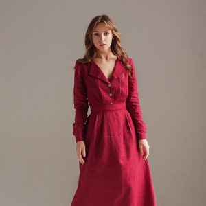 Burgundy Red Linen Dress With Front Buttons Linen Bridesmaid - Etsy