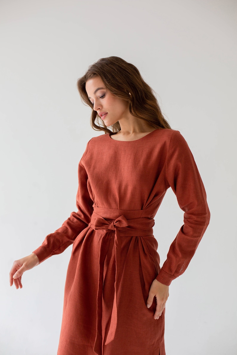 Burnt Orange Dress Linen Dress Midi Linen Bridesmaid Dress - Etsy