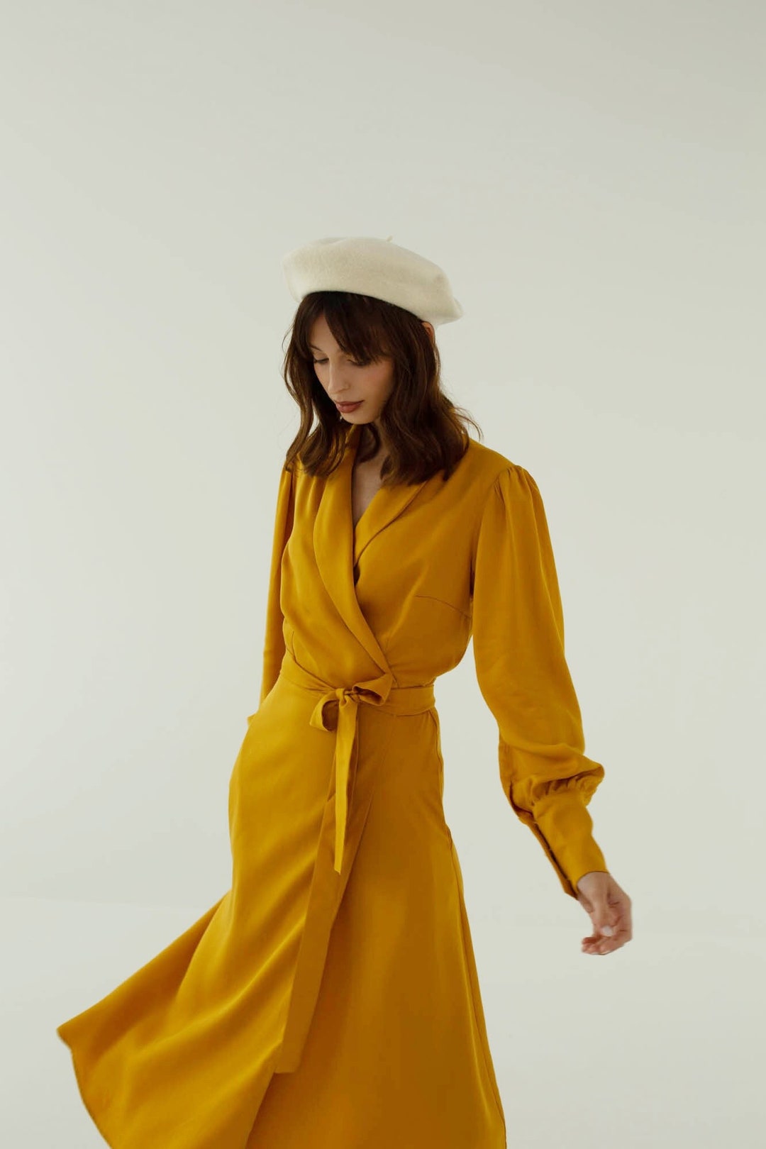 Mustard Yellow Wrap Dress, Formal Evening Long Sleeve Dress, Cocktail ...