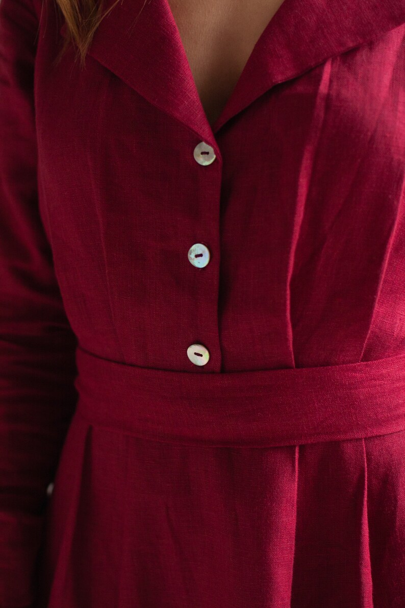 Burgundy Red Linen Dress With Front Buttons Linen Bridesmaid - Etsy