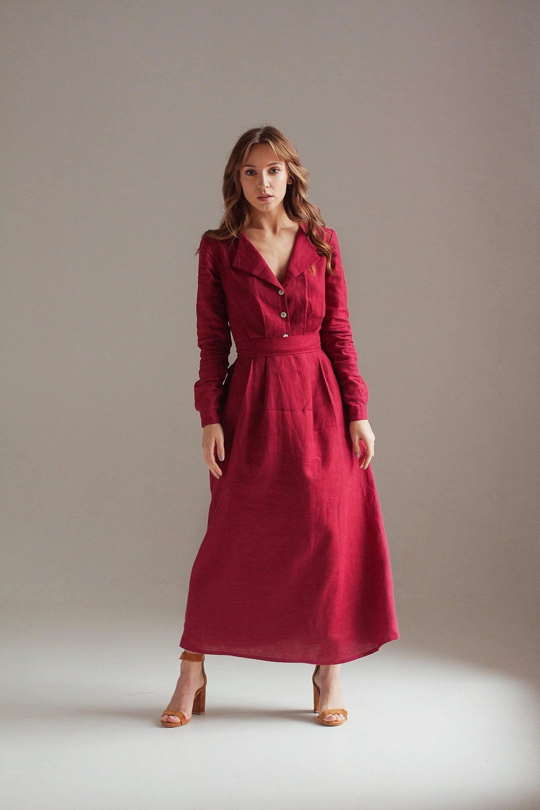 Burgundy Red Linen Dress With Front Buttons Linen Bridesmaid - Etsy