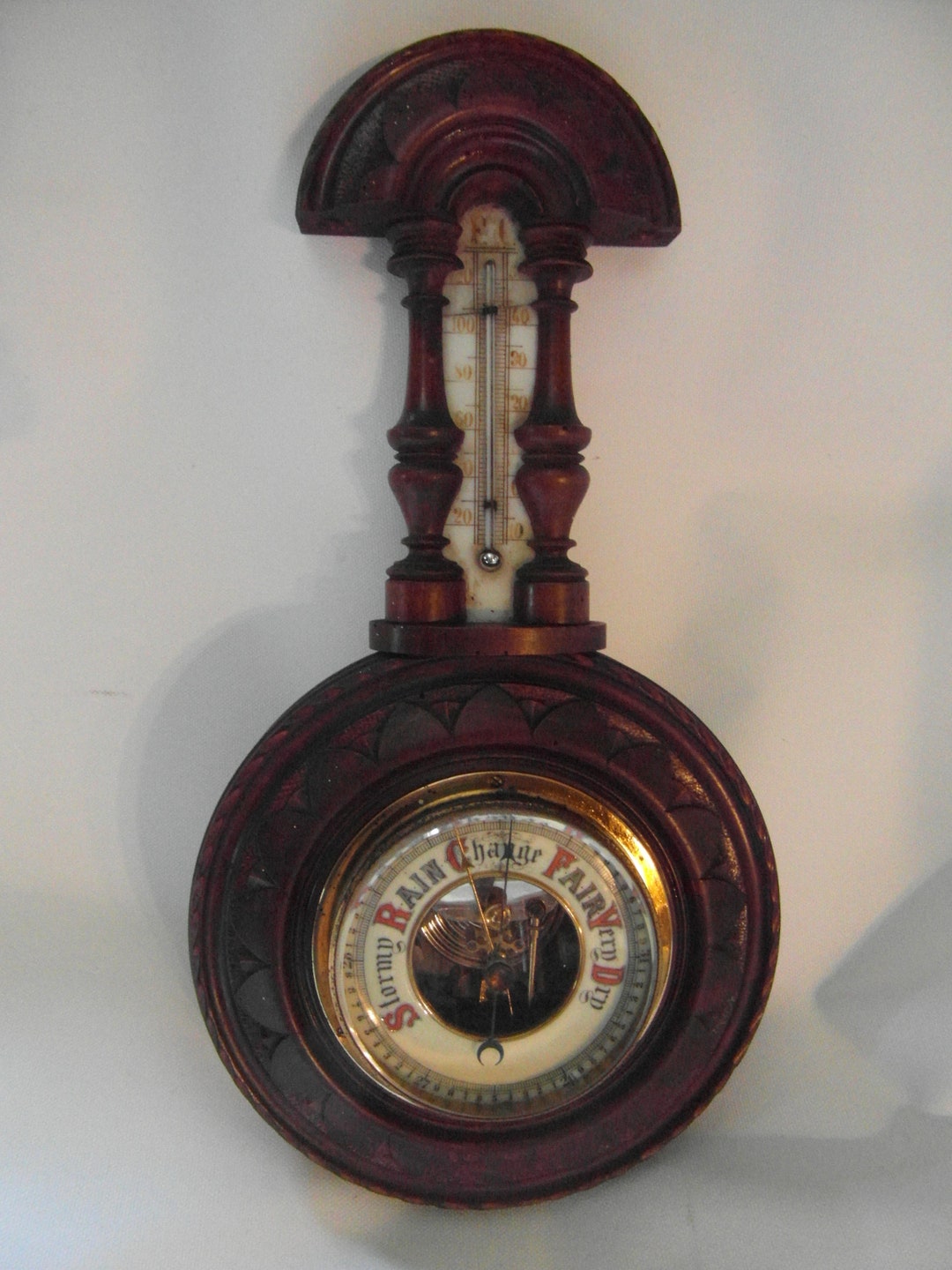 Antique 1900s Carved Wood Black Forest Style Barometer & Thermometer ...