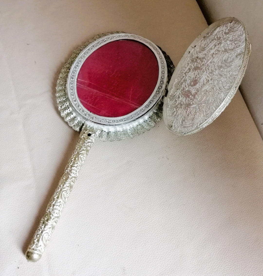 White Metal Hand Mirror Embossed With Filigree Back Compartment Photo ...