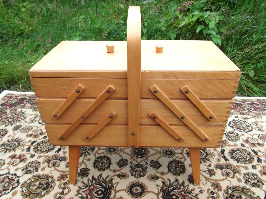 Large & Attractive 1950s Wooden Three Tiered Cantilever Fold Out Sewing ...