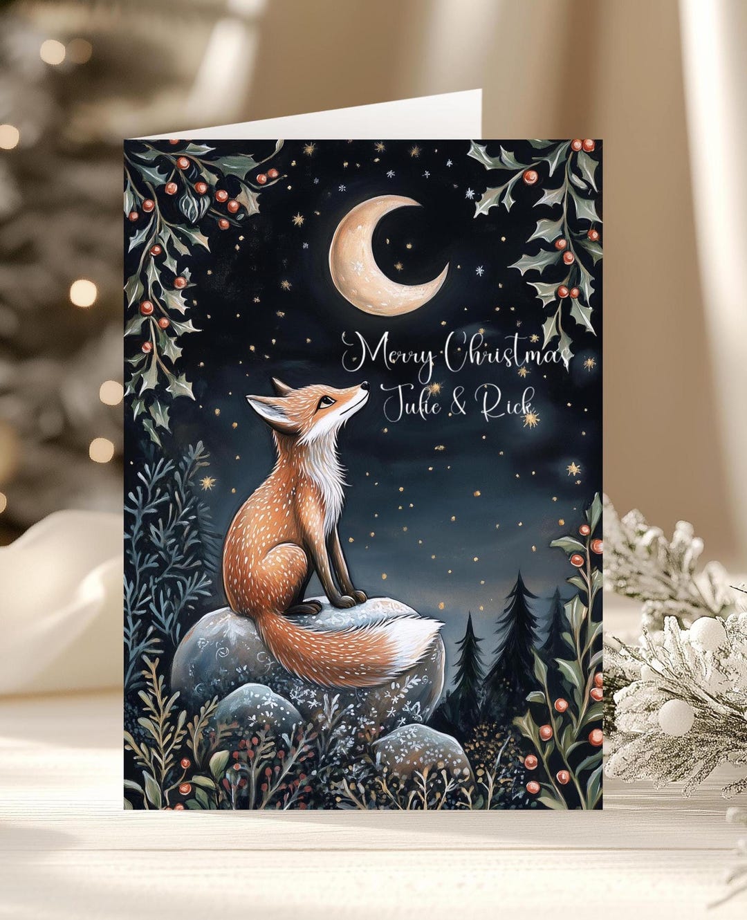 Personalised Christmas Greeting Card: Midnight Moon & Stars - Card Size ...