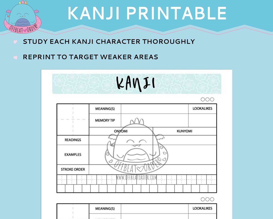 Japanese Kanji Study Worksheet PDF Printable Language Learning Sheet ...