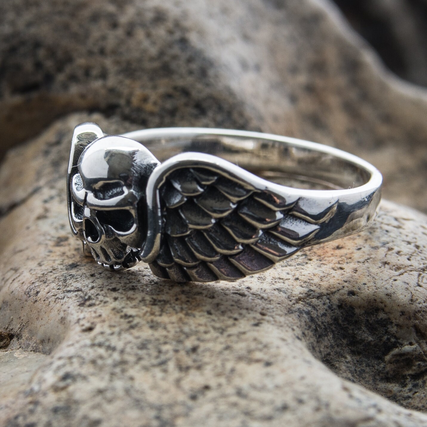 Skull Ring .925 solid sterling silver Angel Wings Heavy Metal | Etsy