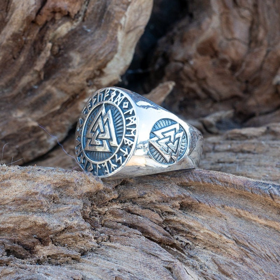 Odin Signet Ring With Nordic Runes Around the Edge and a Valknut Symbol ...