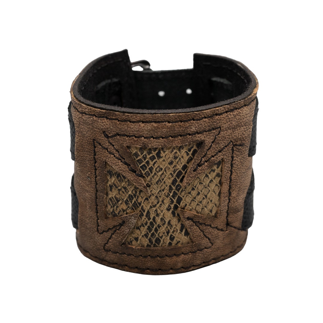 Real Leather Iron Cross & Vintage Python Snakeskin Wristband Wrist Cuff ...