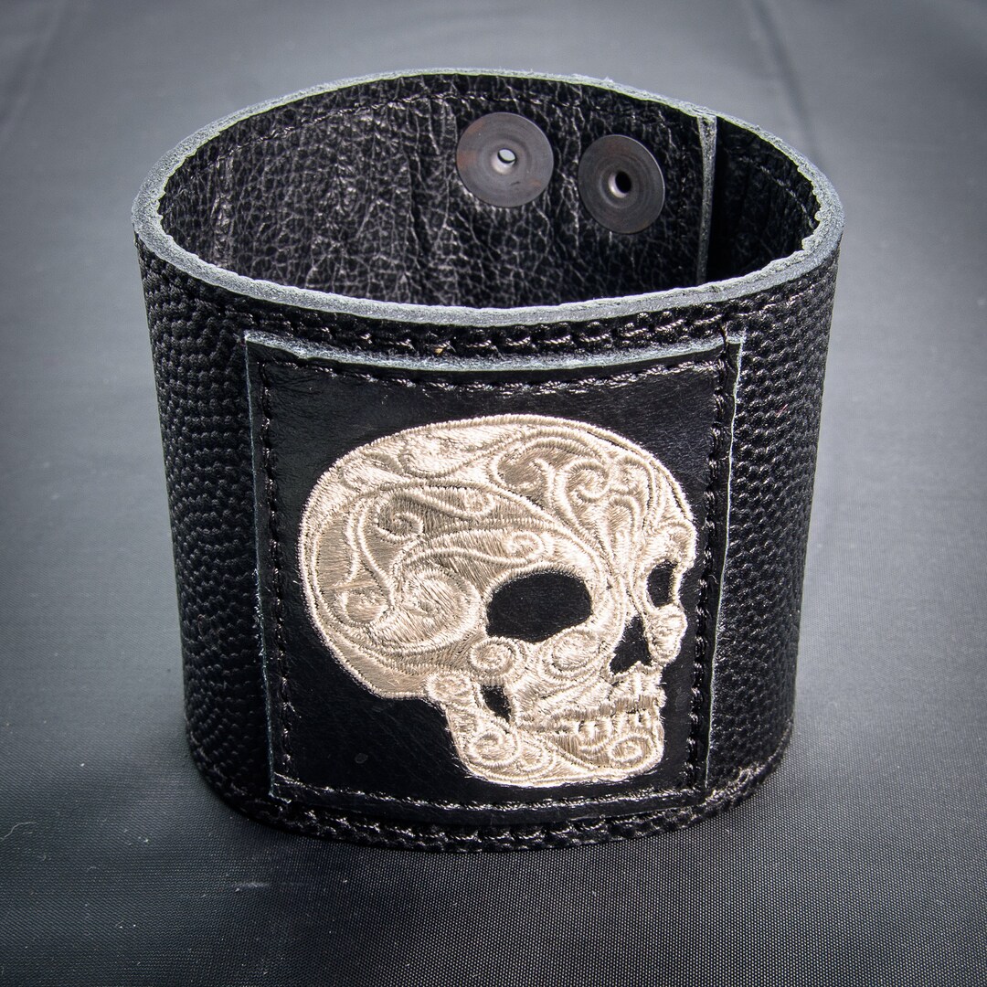 Wide Leather Wristband Embroidered With a Decorative Skull Wrist Cuff ...