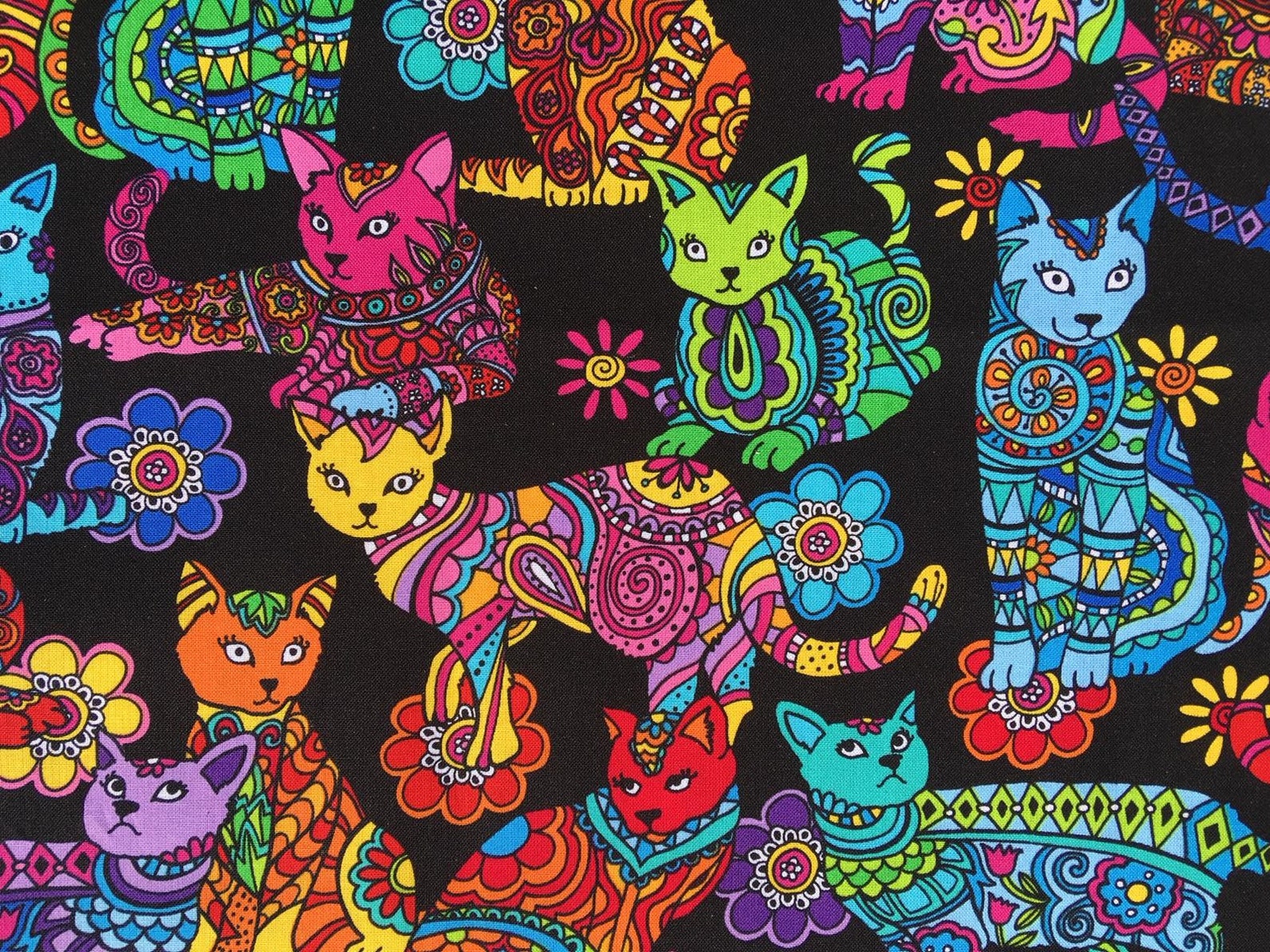 1/2mtr Beautiful Cat Designer Fabric, Each Cat Has a Different Mandala ...