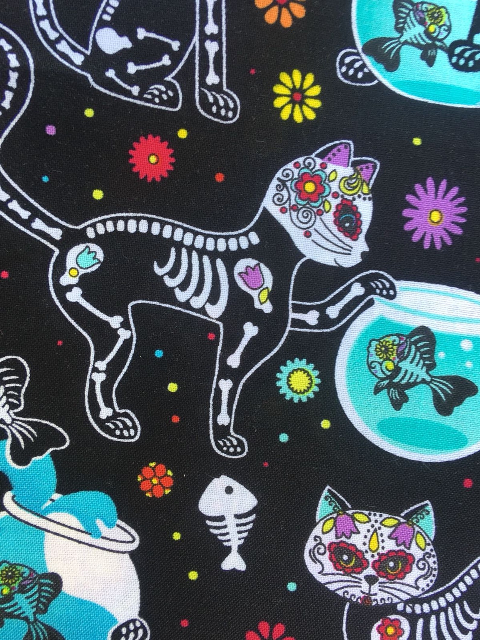 1/2 Metre Day of the Dead Skeleton Cat & Fish Bowl Designer Fabric ...