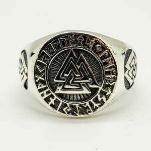 Odin Signet Ring With Nordic Runes Around the Edge and a Valknut Symbol ...