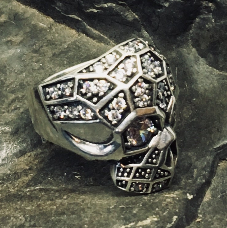 Skull Ring .925 Solid Sterling Silver, Cubic Zirconia, Cz Stones, Biker ...