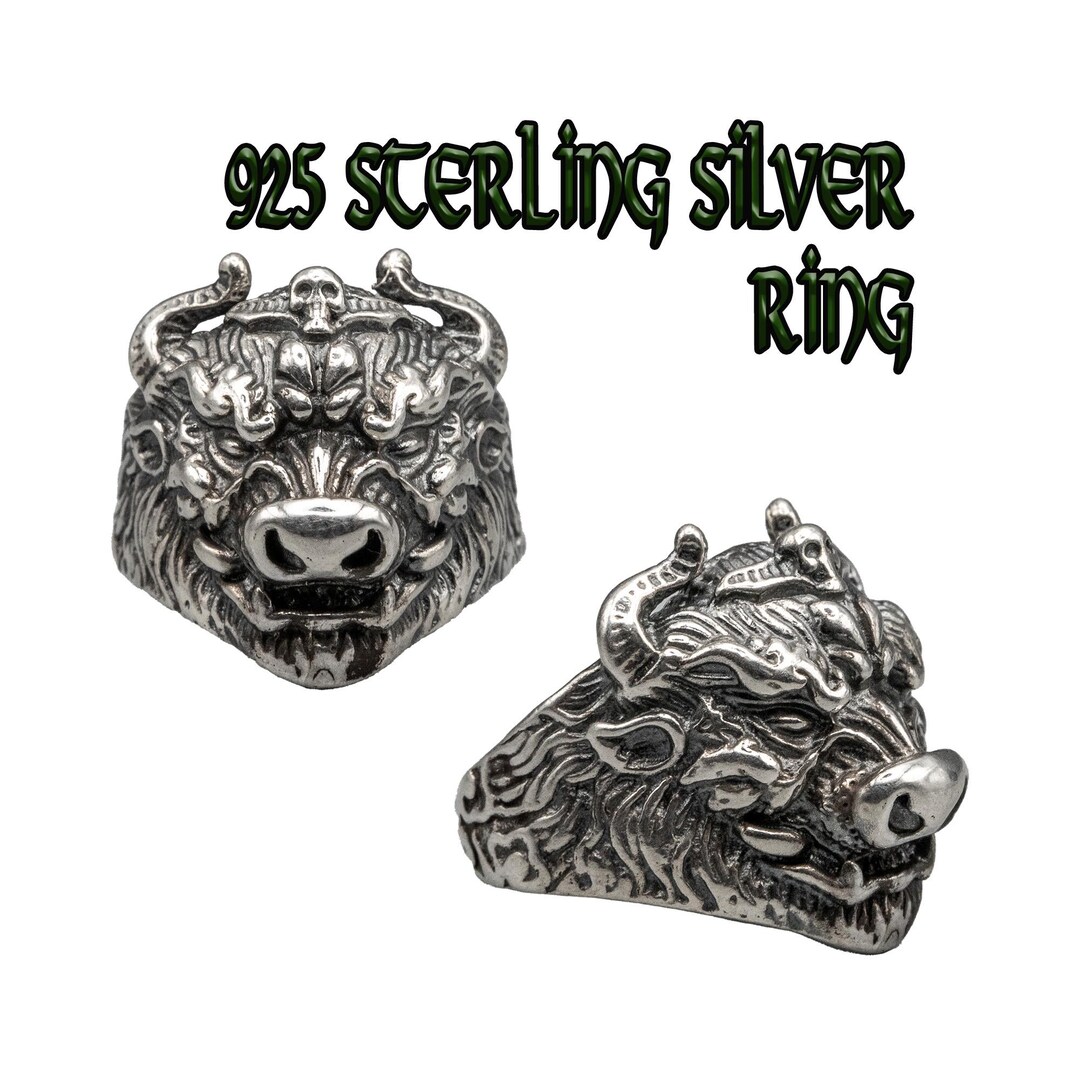 Bull & Skull Ring .925 Solid Sterling Silver Heavy Thumb Ring M-Z+5 ...