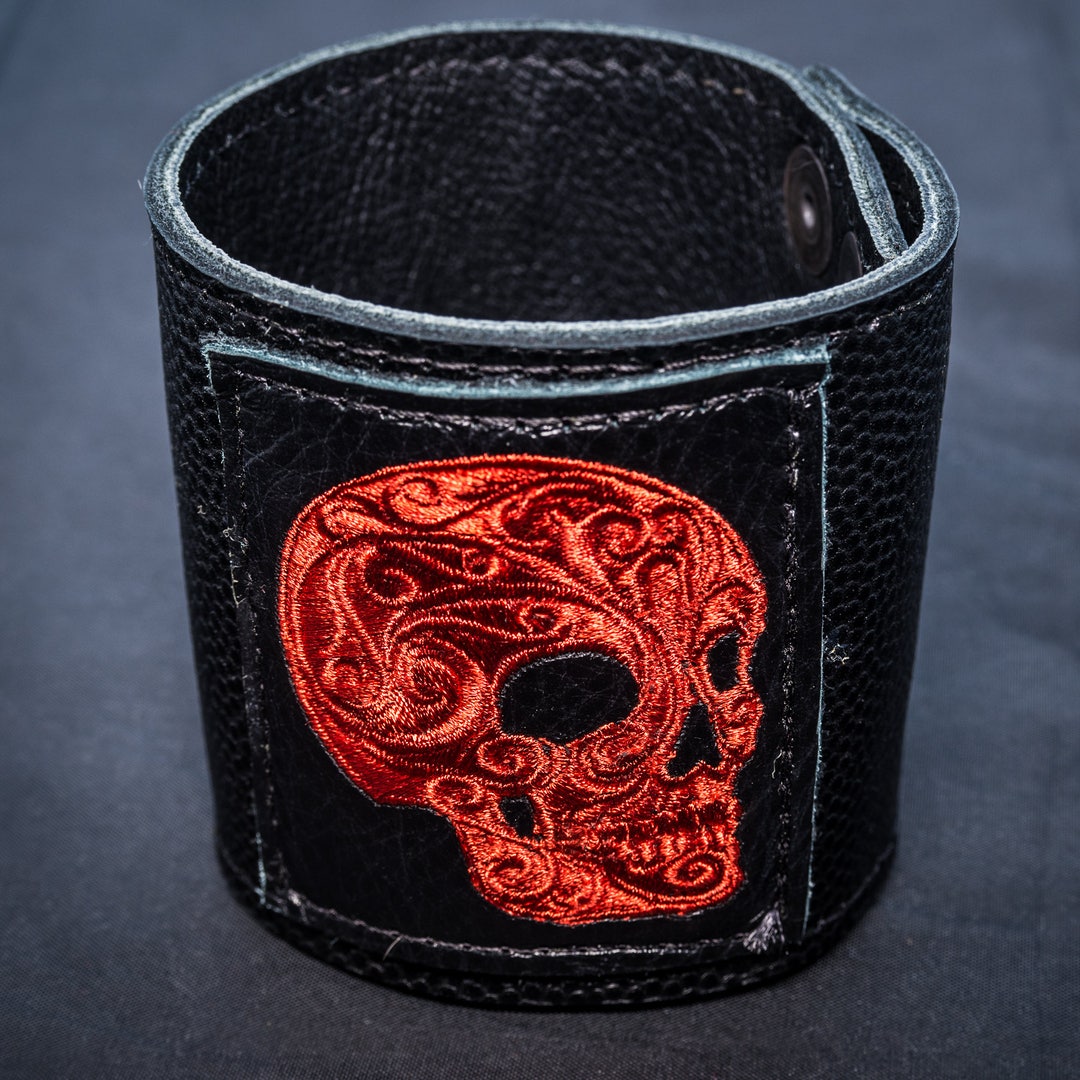 Wide Leather Wristband Embroidered With a Decorative Skull Wrist Cuff ...