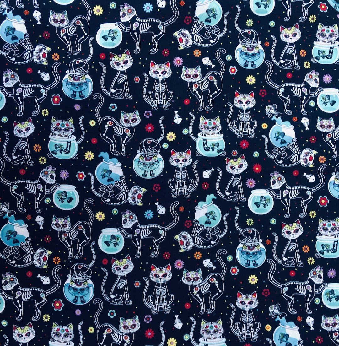 1/2 Metre Day of the Dead Skeleton Cat & Fish Bowl Designer Fabric ...