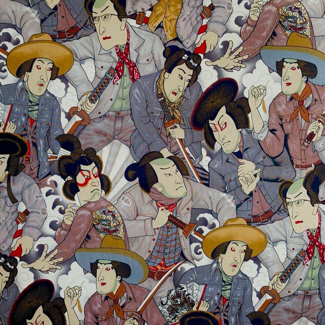 Japanese Samurai Sumo Wrestlers in Denim Alexander Henry 100% - Etsy ...