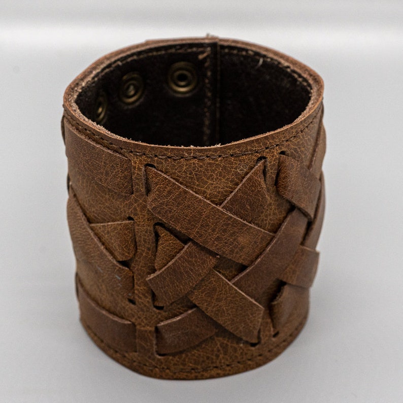 Wide Real Leather Wristband With Plaited Brown Leather Wrist - Etsy