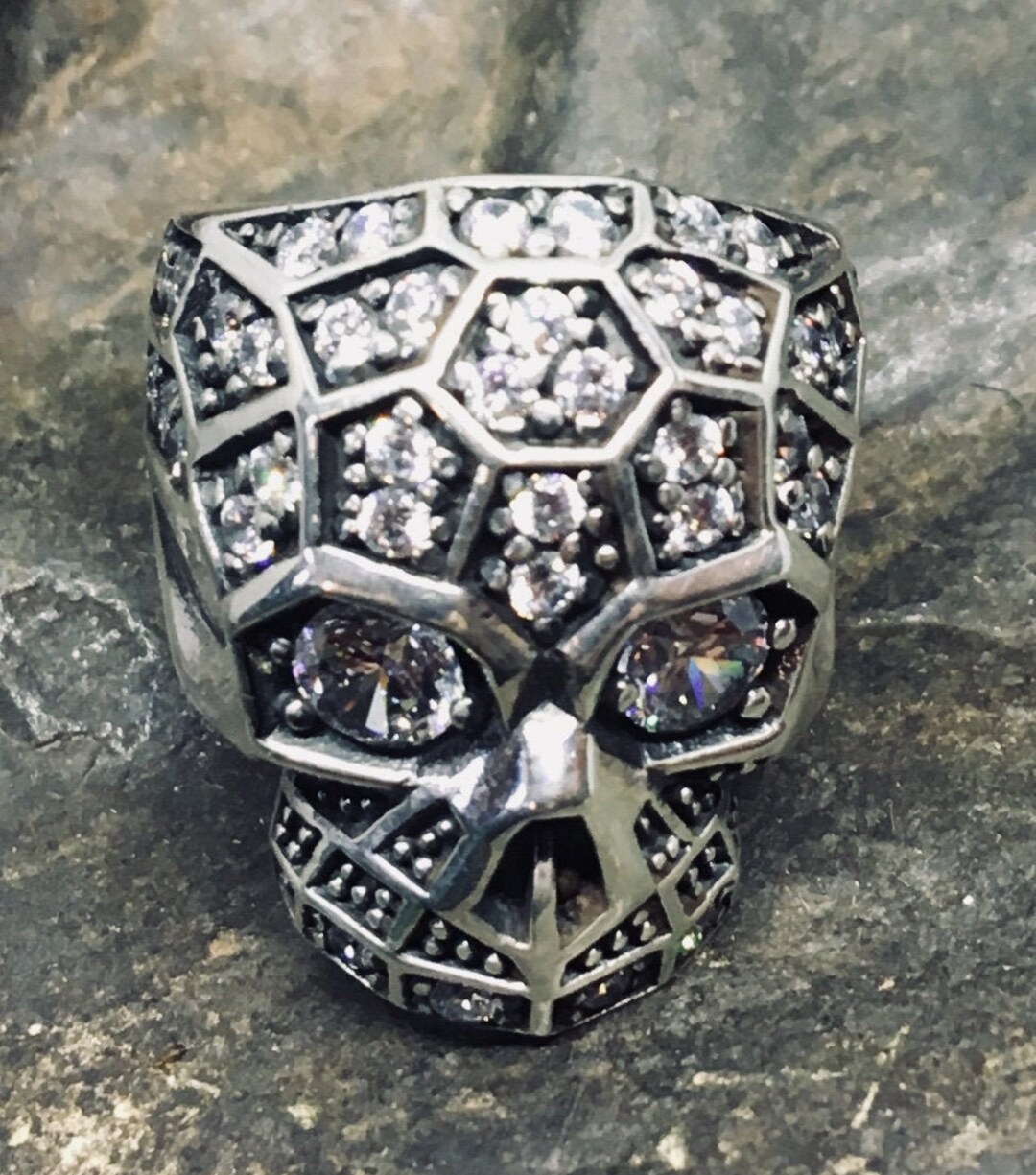 Skull Ring .925 Solid Sterling Silver, Cubic Zirconia, Cz Stones, Biker ...
