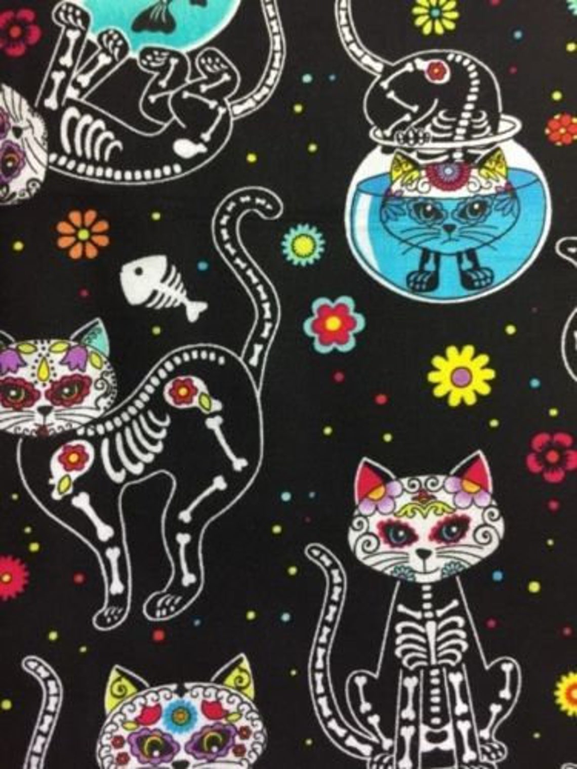 1/2 Metre Day of the Dead Skeleton Cat & Fish Bowl Designer Fabric ...