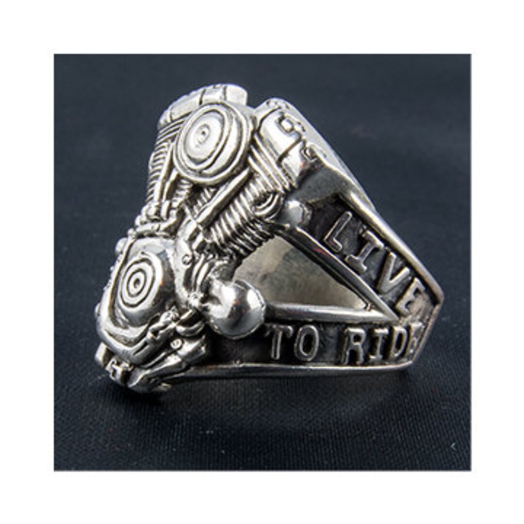 Engine Block, Live to Ride Ring .925 Solid Sterling Silver Metal, Biker ...